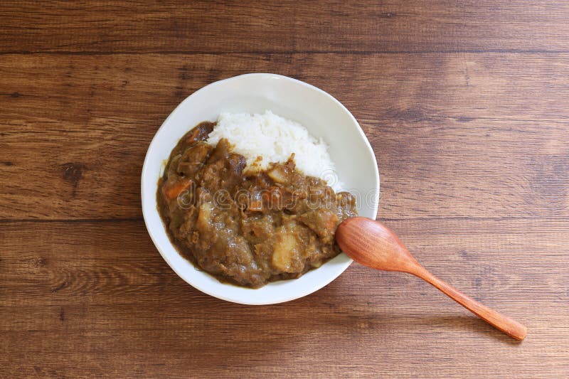 Japanese Curry and Rice on the Wooden Table Stock Image - Image of ...