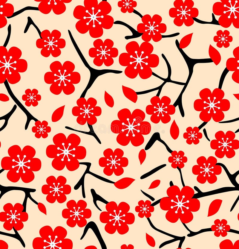 Japanese Cute Red Blossom Vector Seamless Pattern Stock Vector ...