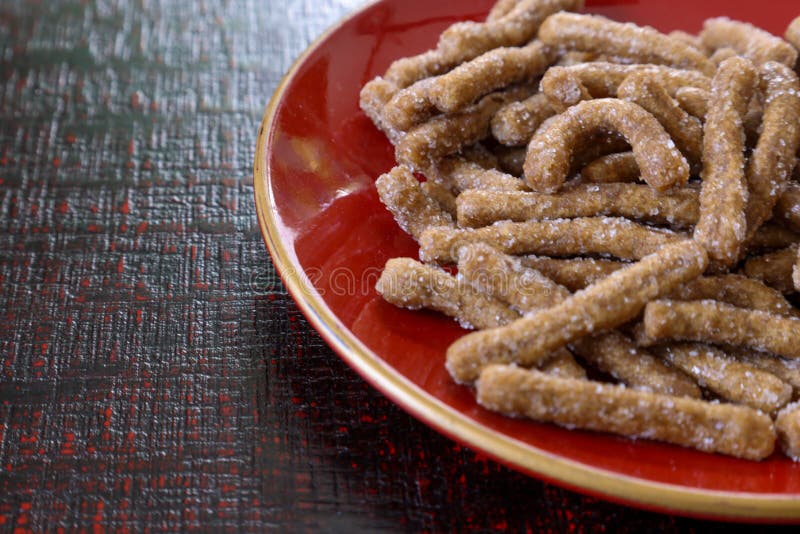 Japanese Deep Fried Brown Sugar Snack on a Red Plate on a Lacquered ...