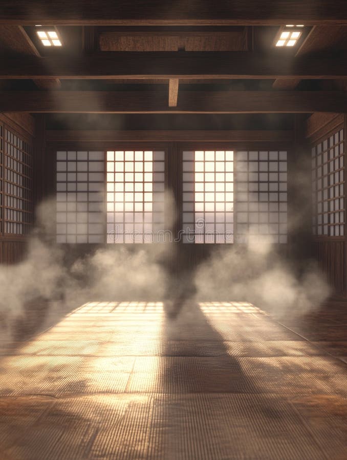 Japanese Dojo Interior with Fog and Sunlight Stock Illustration ...