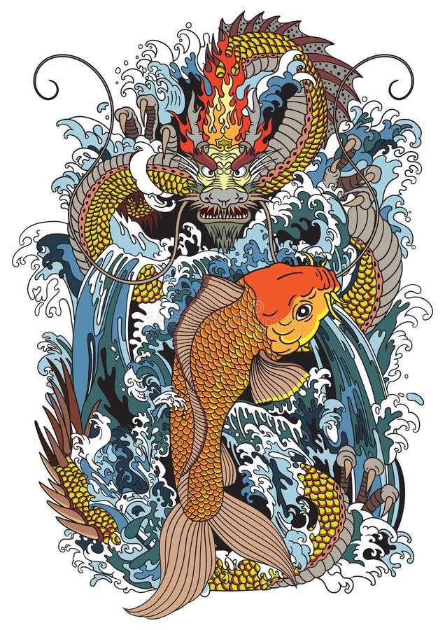 Japanese Dragon and Koi Fish Tattoo. Set of Labels and Elements. Vector ...