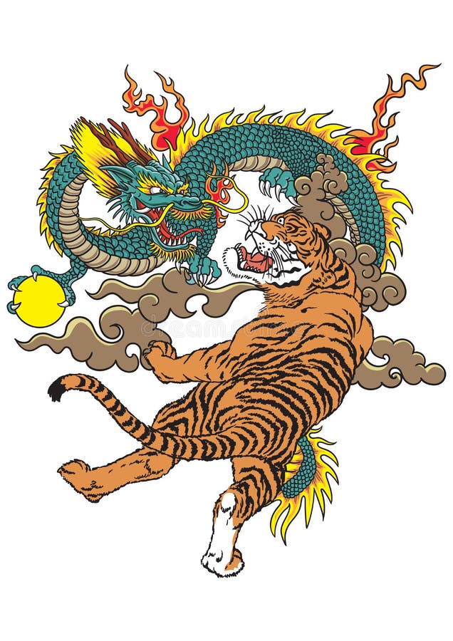 Japanese Dragon and Tiger Tattoo. Set of Labels and Elements. Vector ...