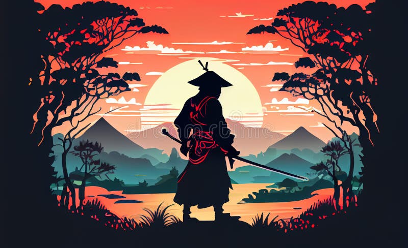 Japanese Drawing Samurai Watching the Sunset. Generative AI Stock Photo ...