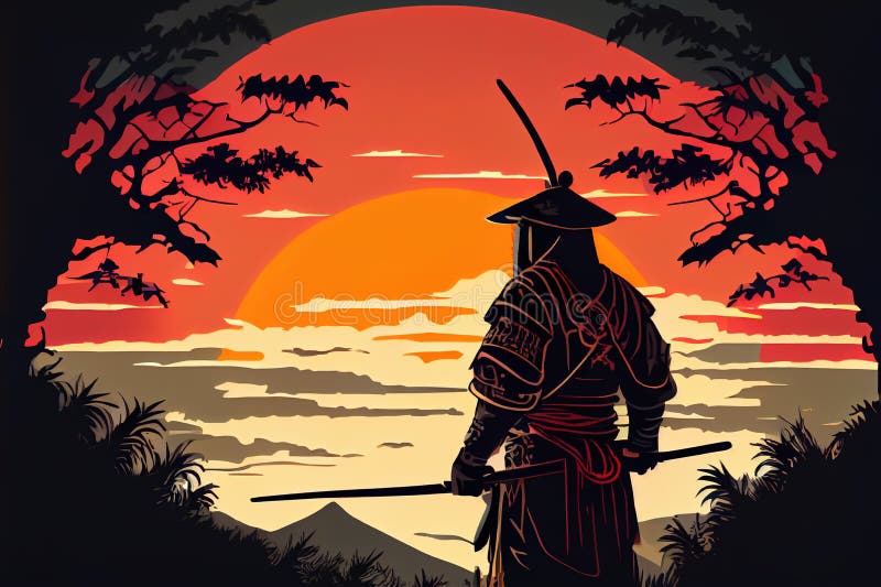 Japanese Drawing Samurai Watching the Sunset. Generative AI Stock ...