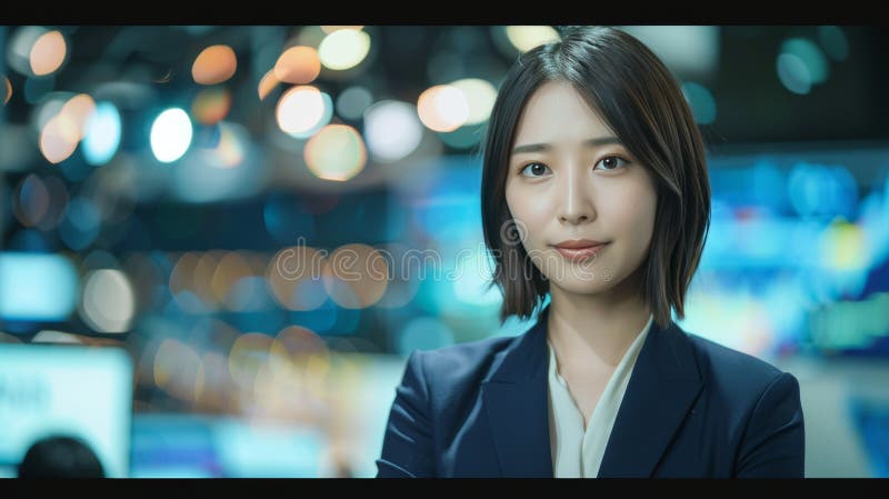 Japanese Female News Anchor Reports in Studio, Serious Expression ...
