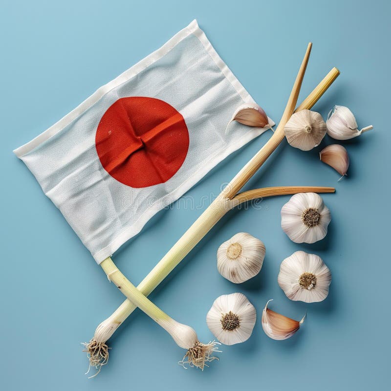 Japanese Flag with Garlic and Scallions on Blue Background Stock ...