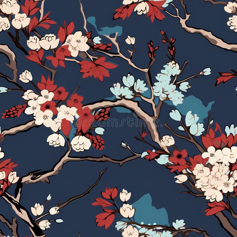 Japanese Floral Seamless Pattern with Cherry Blossom in Bight Color ...