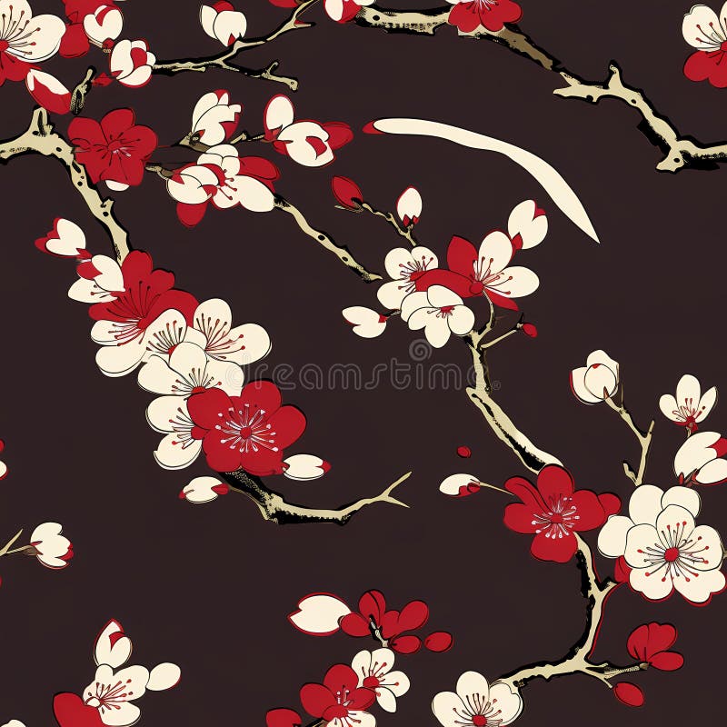 Japanese Floral Seamless Pattern with Cherry Blossom in Bight Color ...