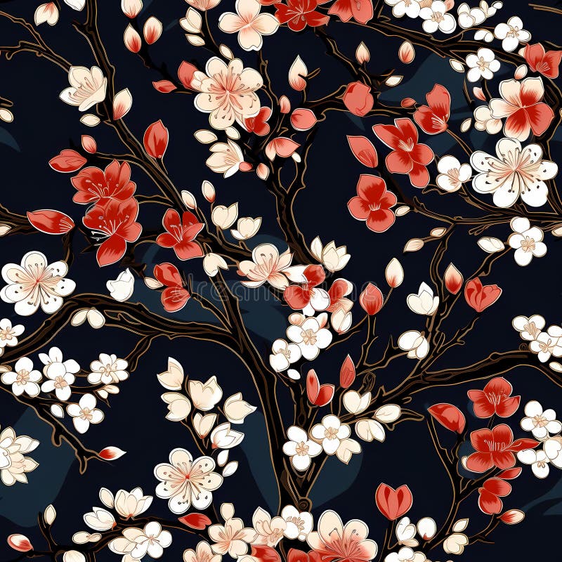 Japanese Floral Seamless Pattern with Cherry Blossom in Bight Color ...