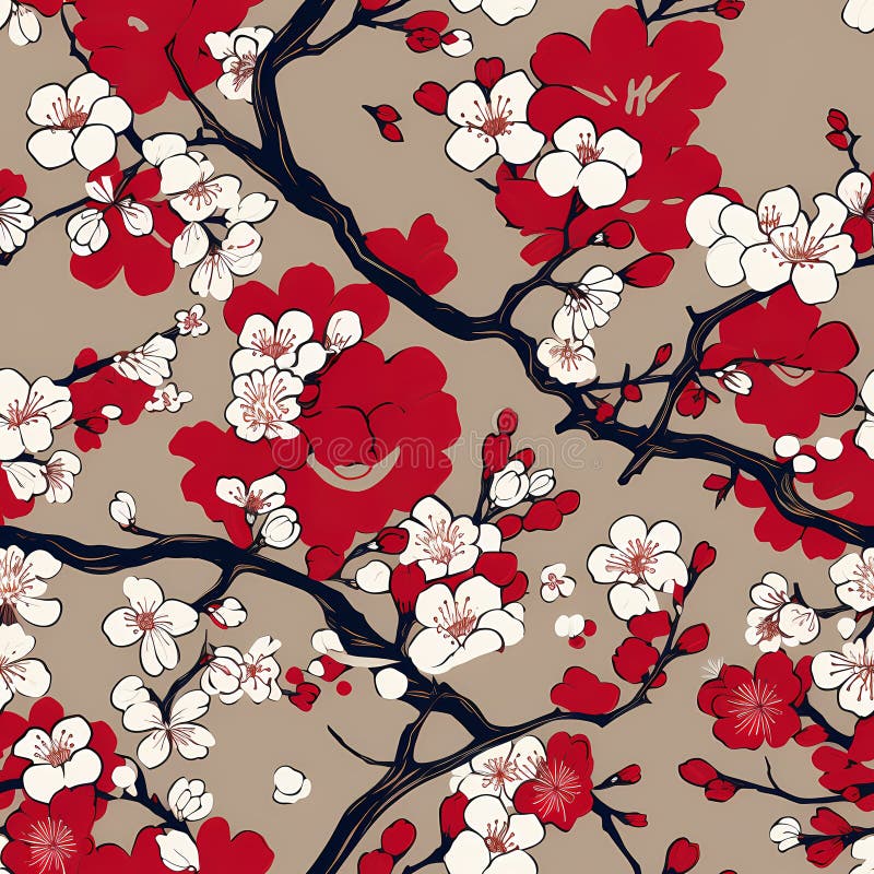 Japanese Floral Seamless Pattern with Cherry Blossom in Bight Color ...