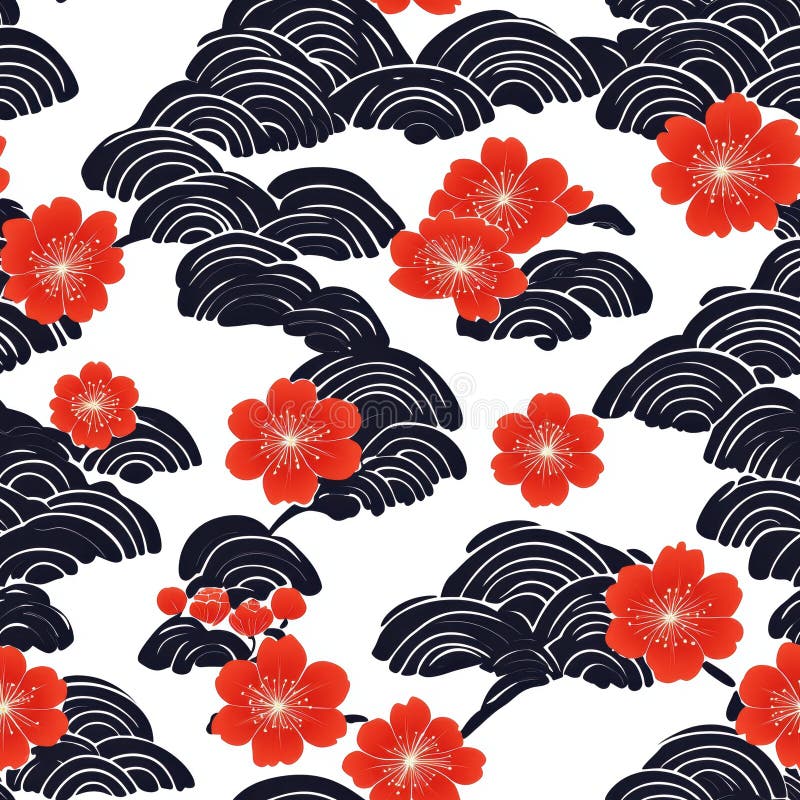 Japanese Floral Seamless Pattern with Red Blossoms and Abstract Waves ...
