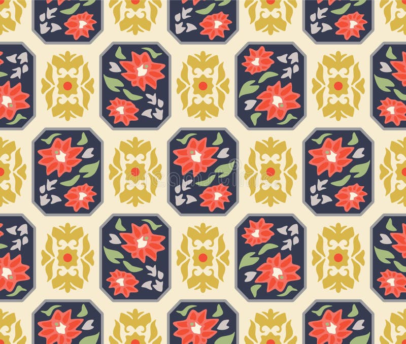Japanese Flower Tile Checkered Vector Seamless Pattern Stock Vector ...