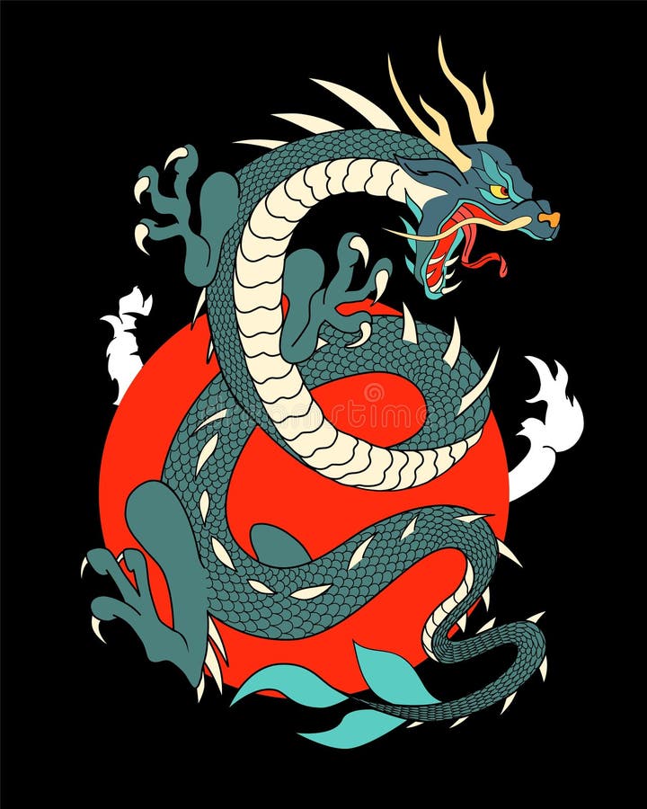Japanese Flying Dragon with Red Sun with Floating Clouds on Dark ...