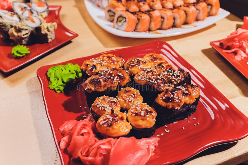 Japanese Food Mix on a Restaurant Table. Stock Photo - Image of dark ...