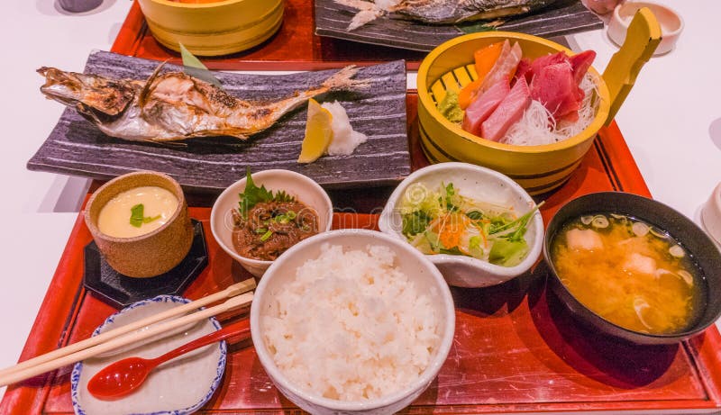 Japanese Food Set , Sashimi and Grilled Fish Stock Image - Image of ...