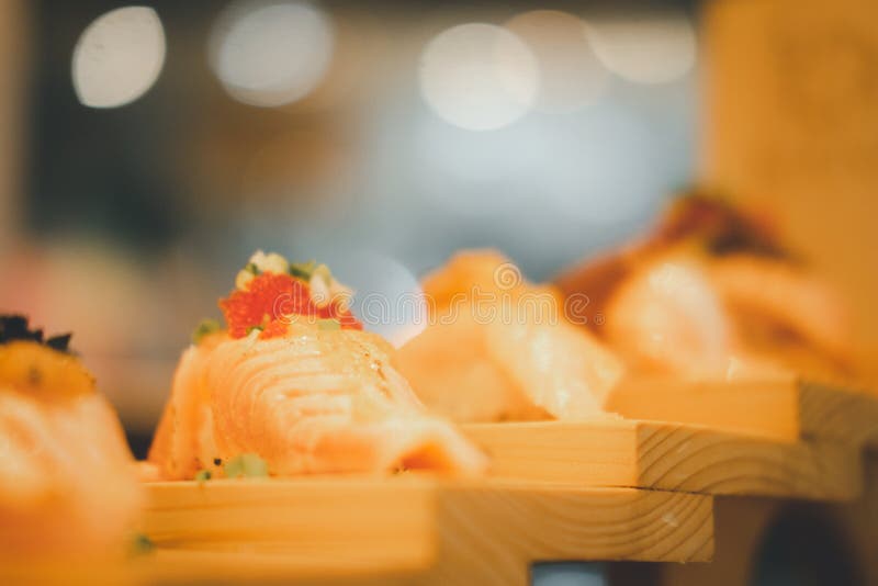 Japanese Fresh Salmon Sushi with Various Topped Stock Image - Image of ...