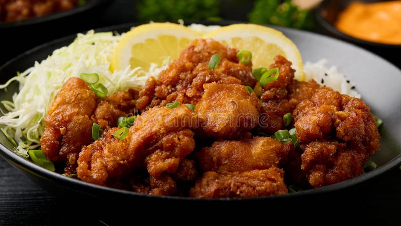 Japanese Fried Crispy Chicken Karaage in Black Bowl with Rice and ...