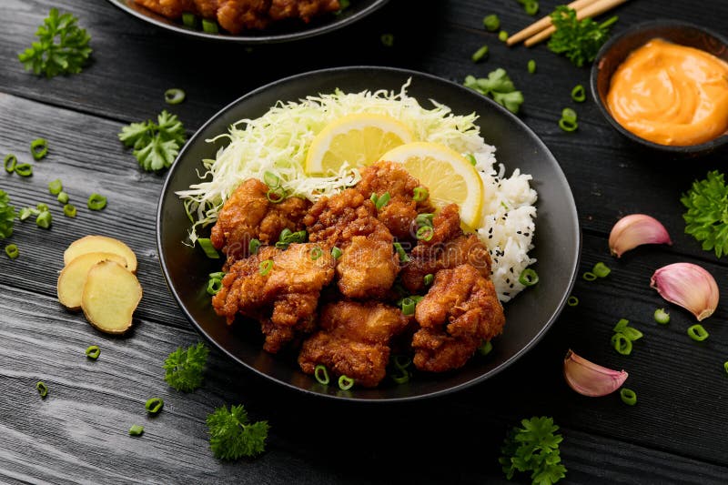 Japanese Fried Crispy Chicken Karaage in Black Bowl with Rice and ...