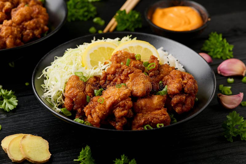 Japanese Fried Crispy Chicken Karaage in Black Bowl with Rice and ...