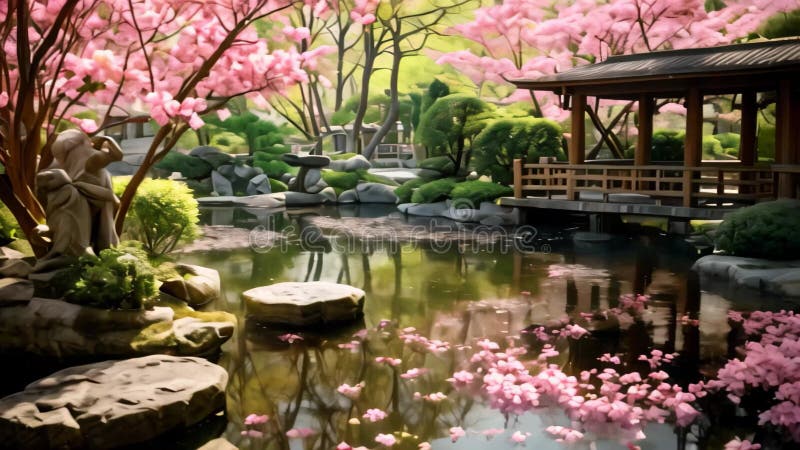 Japanese Garden with Cherry Blossom in Spring Time, Kyoto, Japan, AI ...