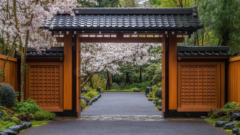 Japanese Garden Gate with Blossoming Cherry Trees Stock Illustration ...