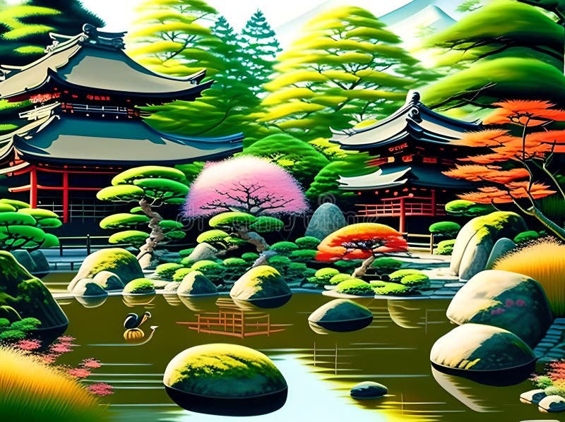 Japanese Garden, Generative AI Illustration Stock Illustration ...