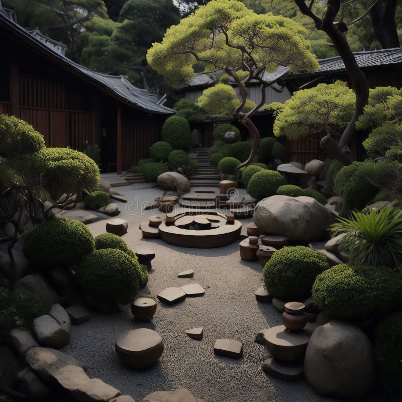 Japanese Garden with Green Plants and Stone Path. Generative Ai Stock ...