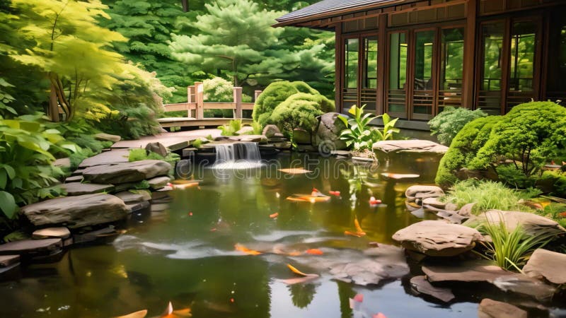 Japanese Garden with Koi Fish in the Pond, Japanese Style, AI Generated ...