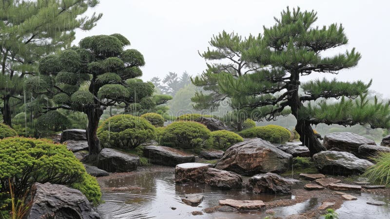 Japanese Garden Pine Trees in Spring Rain Stock Illustration ...