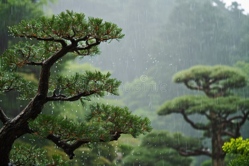 Japanese Garden Pine Trees in Spring Rain Stock Illustration ...