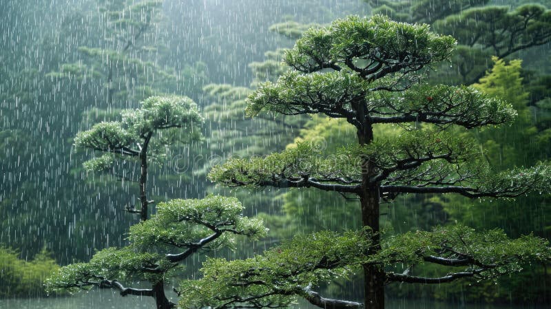 Japanese Garden Pine Trees in Spring Rain Stock Illustration ...