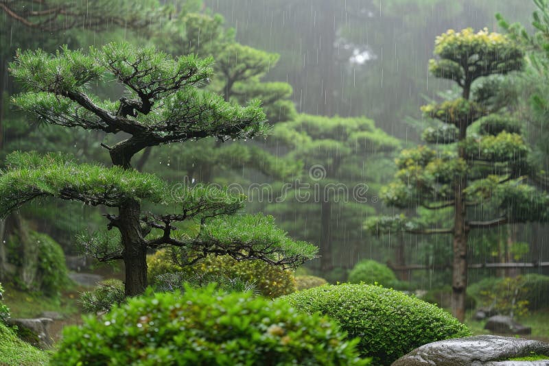 Japanese Garden Pine Trees in Spring Rain Stock Illustration ...