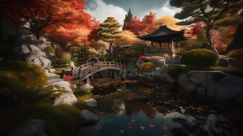 Japanese Garden with Pond and Pavilion in Autumn,3d Render Stock ...