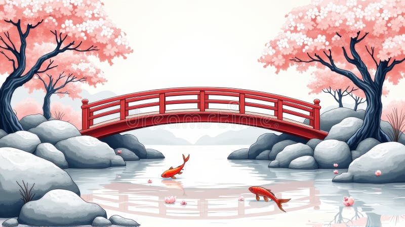 Japanese Garden with Red Bridge and Koi Fish Stock Illustration ...