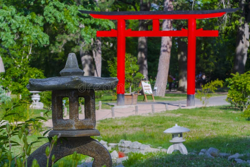 Japanese Garden with a Red Gate in Summer Stock Photo - Image of summer ...