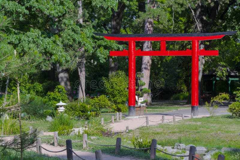 Japanese Garden with a Red Gate in Summer Stock Image - Image of nature ...