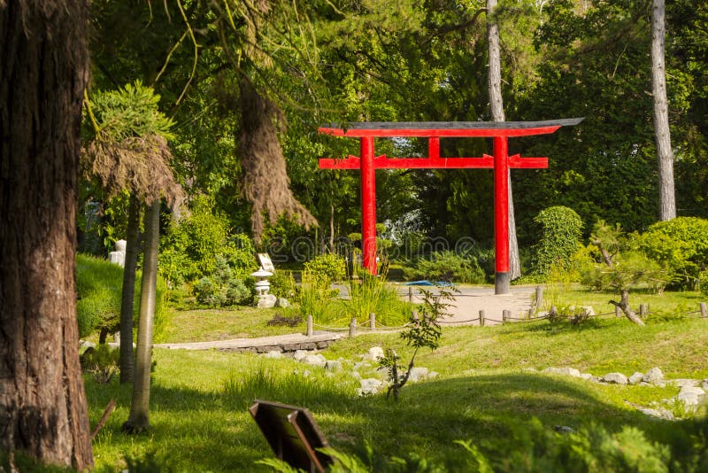 Japanese Garden with a Red Gate in Summer Stock Image - Image of torii ...
