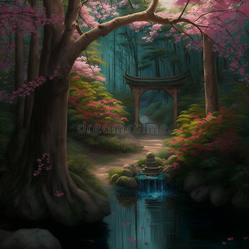 Japanese Garden in Spring with Cherry Blossoms and Japanese Gate Stock ...