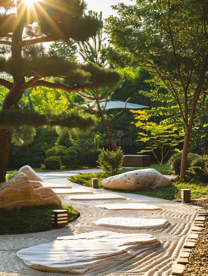 A Japanese Garden with Stone Walkways and Trees Stock Photo - Image of ...
