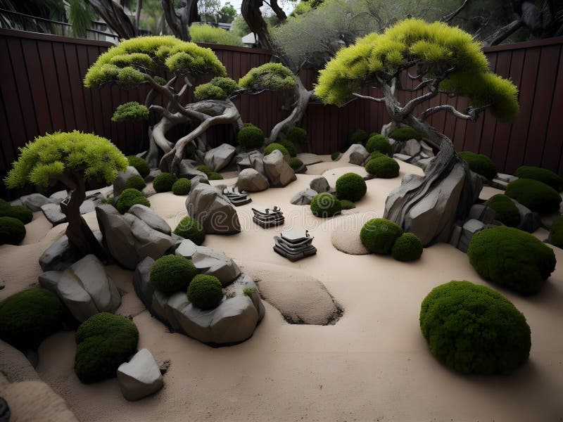 Japanese Garden with Japanese Style Tree and Stone, Generative Ai Stock ...