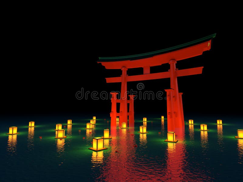 Japanese Gate in Water with Lanterns at Night Stock Illustration ...