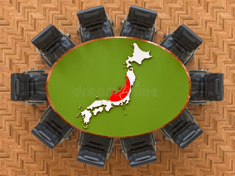 Japanese Goverment Meeting. Map of Japan on the Round Table, 3D ...