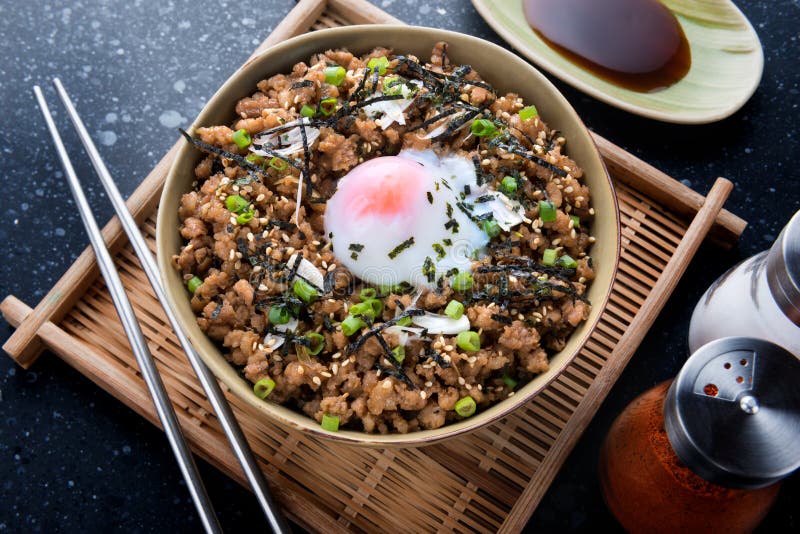 Japanese minced beef bowl. stock photo. Image of liquid - 113644716