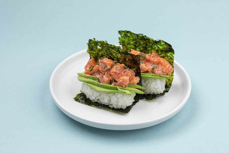 Japanese Hand Rolls with Salmon and Avocado Stock Photo - Image of ...