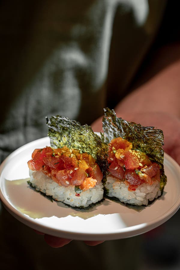 Japanese Hand Rolls with Spicy Tuna Fish Stock Photo - Image of portion ...