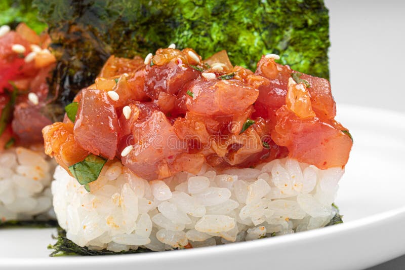 Japanese Hand Rolls with Spicy Tuna Fish Stock Image - Image of nori ...