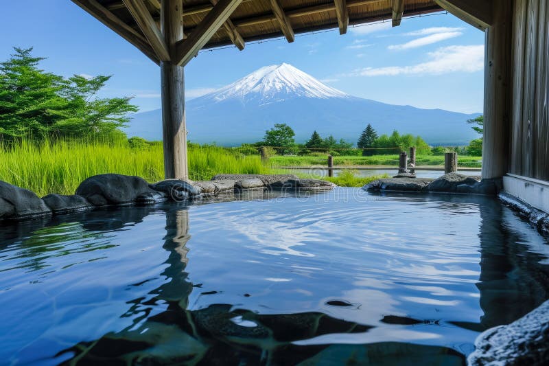 Japanese Hot Spring with a View of Mount Fuji in the Background Stock ...