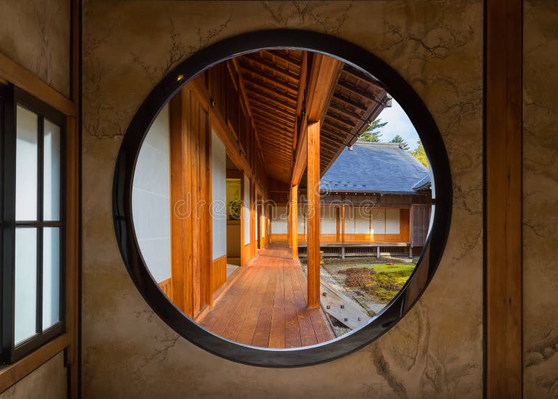 A Japanese House through a Round Window Stock Image - Image of garden ...
