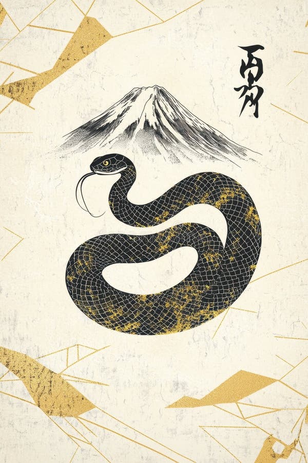 Japanese Ink Art of Snake with Kanji and Mountain Backdrop Stock ...