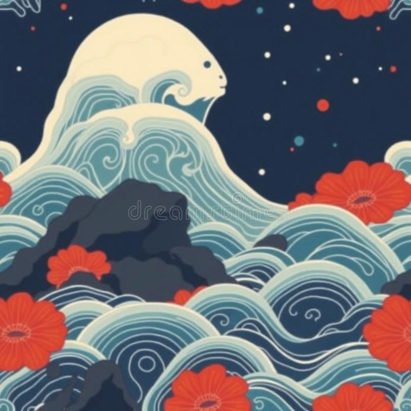 Japanese-inspired Artwork Featuring Stylized Waves with Curving ...